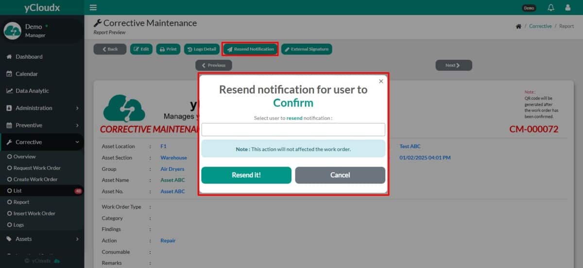 How to resend CM work order notification? - yCloudx