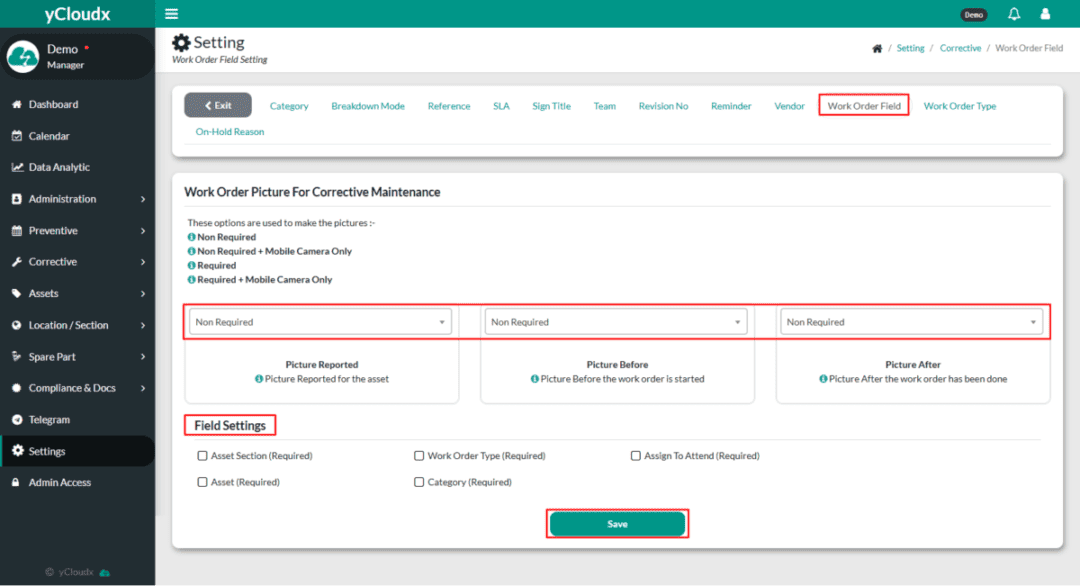 How to set work order field for corrective maintenance? - yCloudx