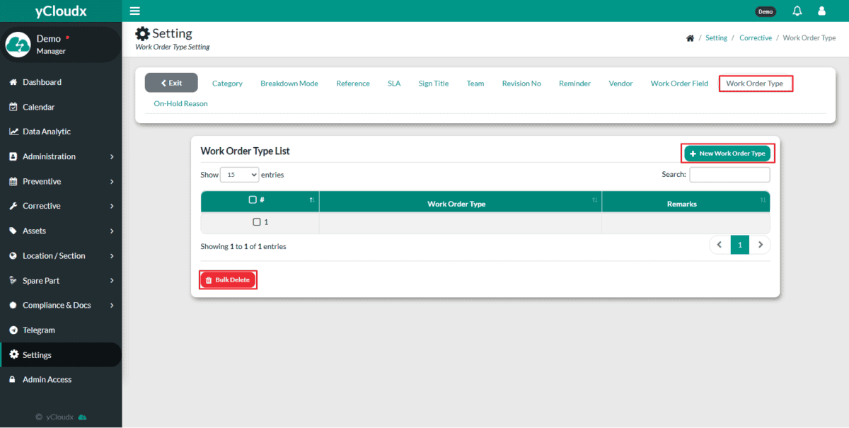 How to add, update or delete corrective work order type? - yCloudx