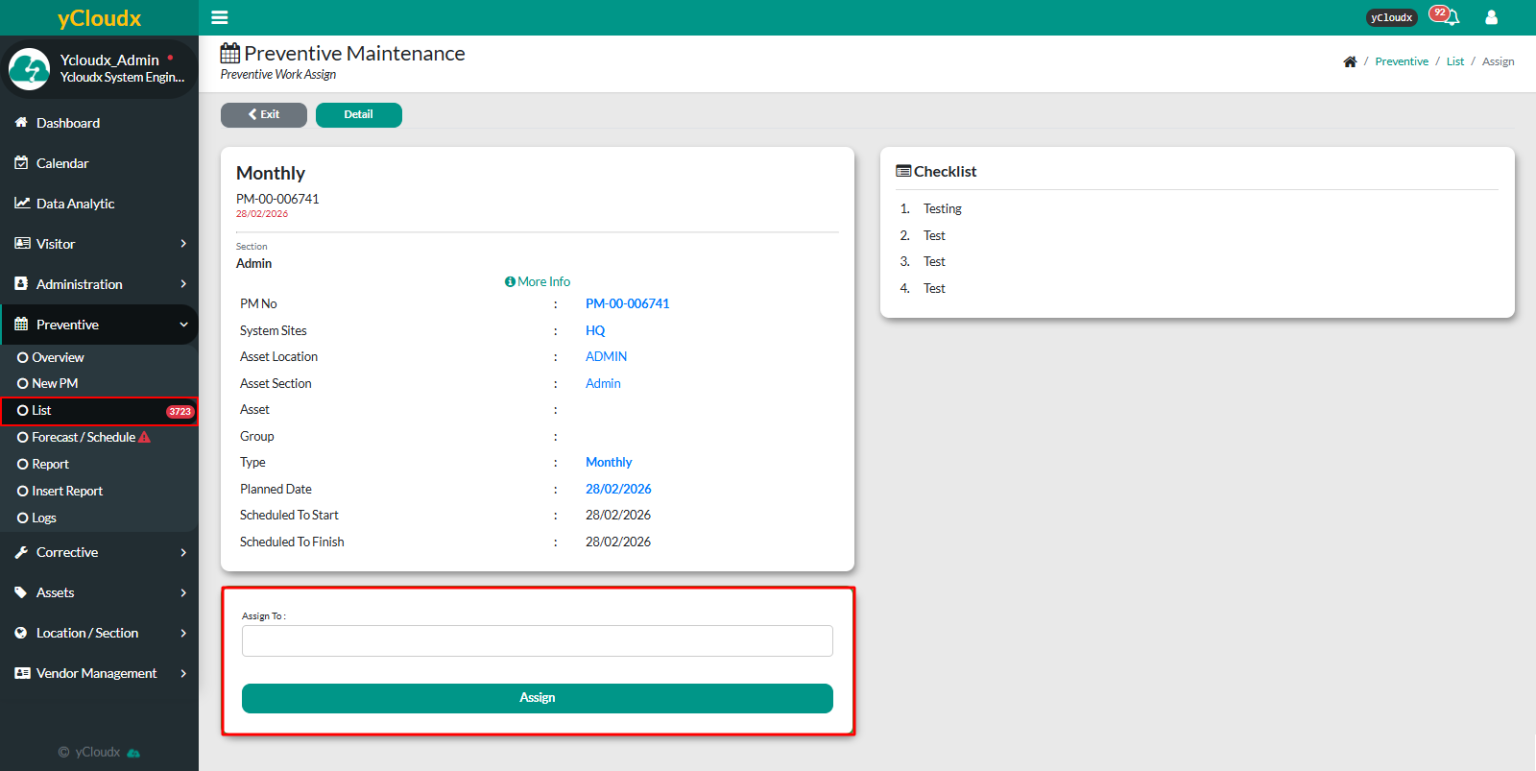 How to assign new PM work order? - yCloudx